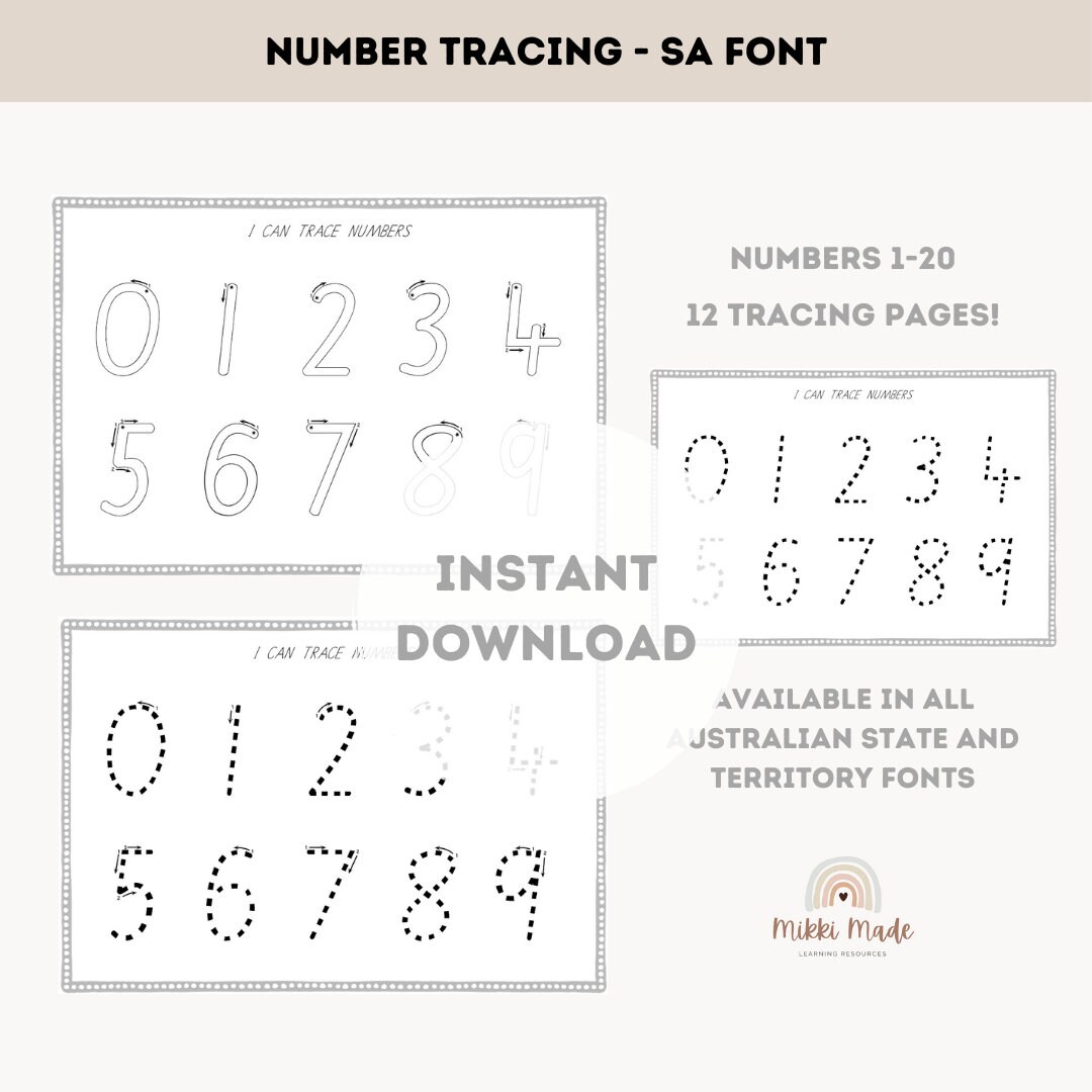 Number Tracing | South Australian Font | Printable Worksheets | Number ...