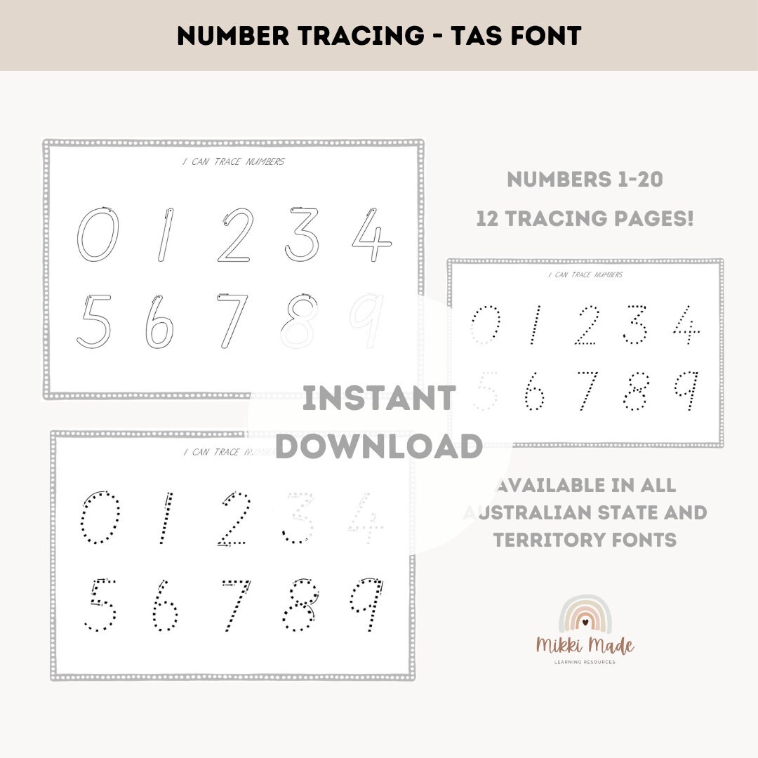 Number Tracing | Tasmanian State Font | Printable Worksheets | Number ...