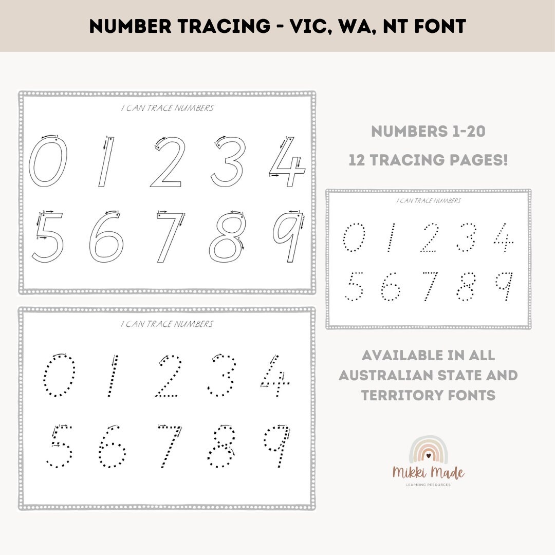 Number Tracing | VIC, WA, NT State Font | Printable Worksheets | Number ...