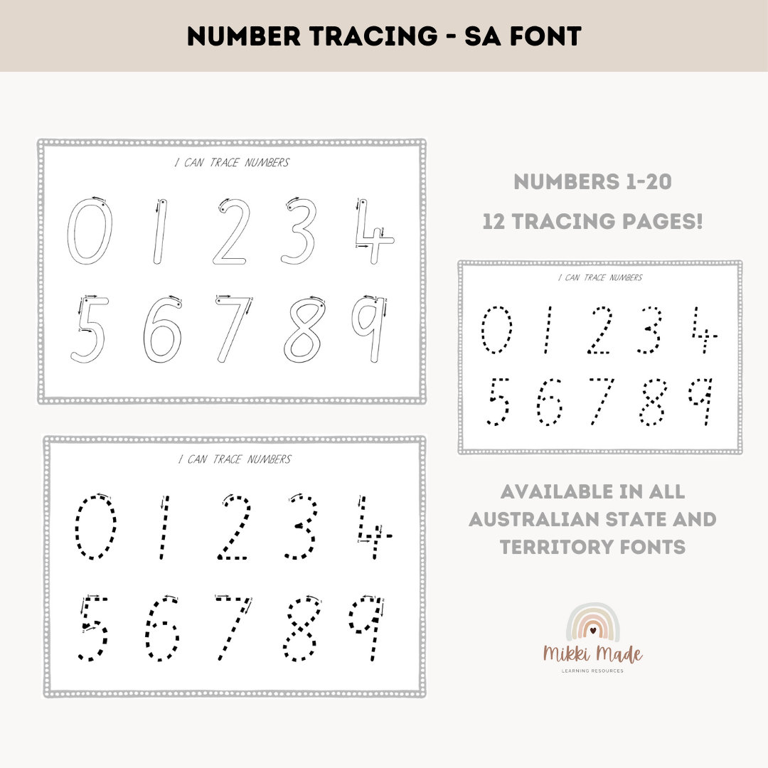 Number Tracing | South Australian Font | Printable Worksheets | Number ...