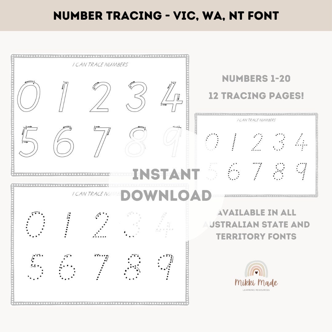 Number Tracing | VIC, WA, NT State Font | Printable Worksheets | Number ...