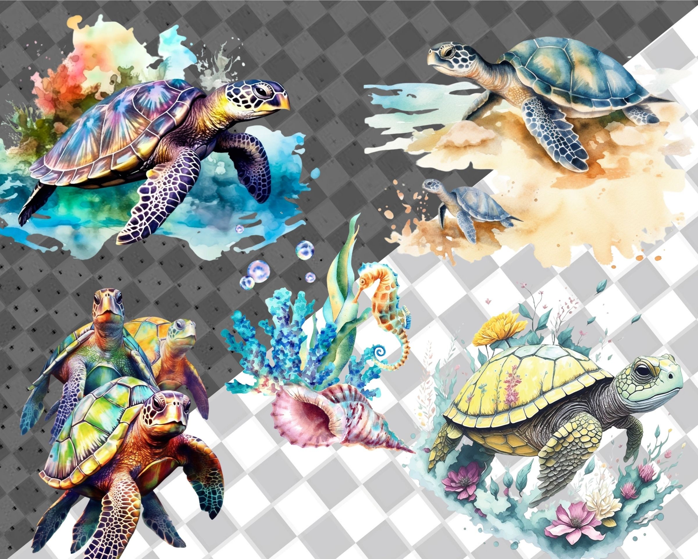 Watercolor Sea Turtle Clipart, Cute Nautical Ocean Animals PNG Clip Art ...