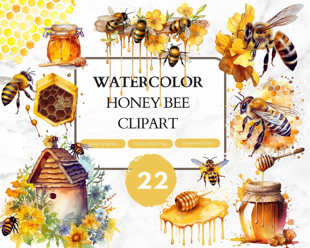 Watercolor Honey Bee Clipart, Spring Garden Bee and Honey Drips, Honey ...