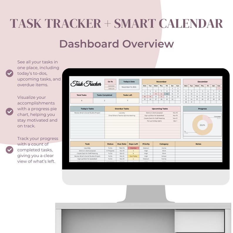 Google Sheet Task Manager | Task Tracker Spreadsheet | Smart Calendar ...