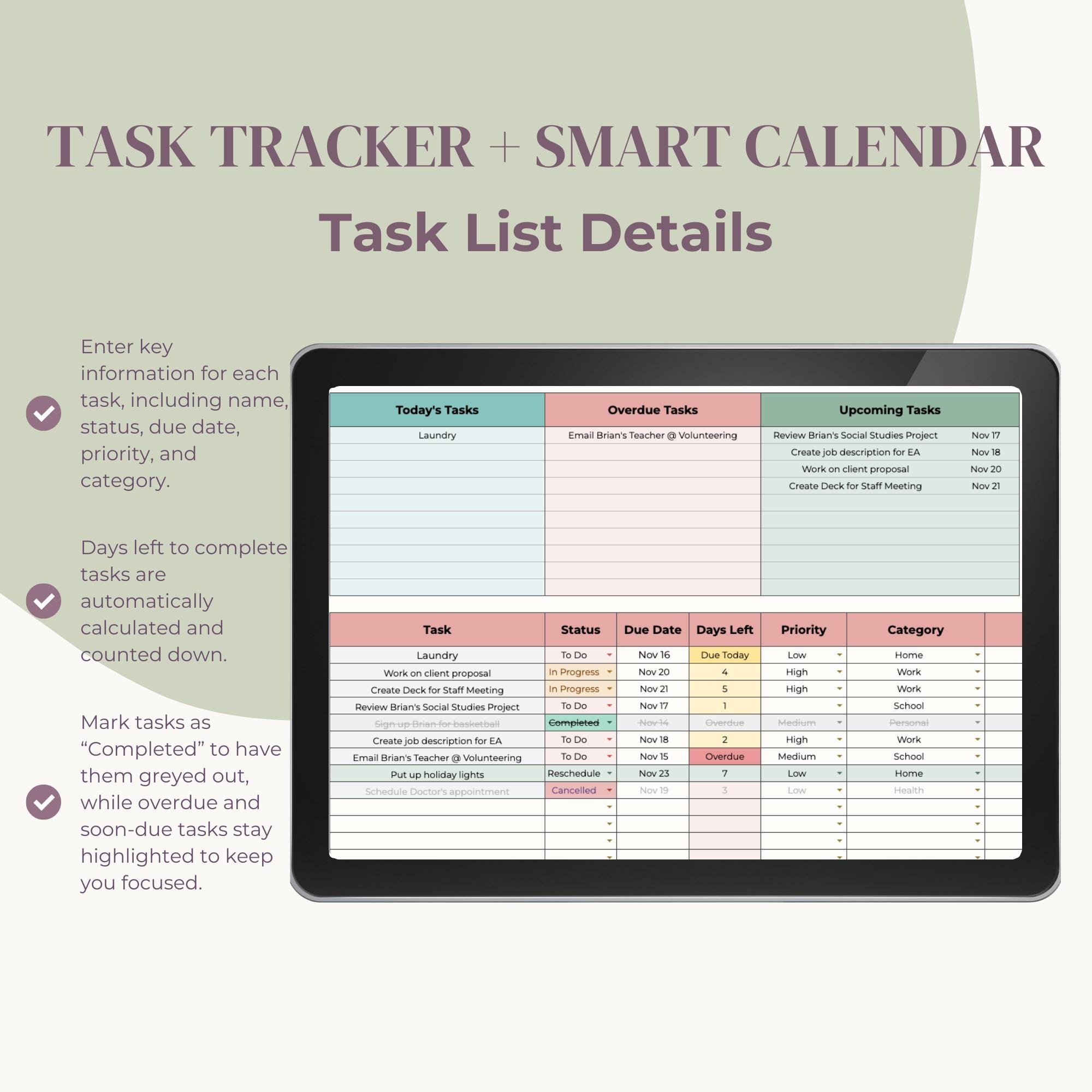 Google Sheets Task Manager | Task Tracker | Smart Calendar | Task ...