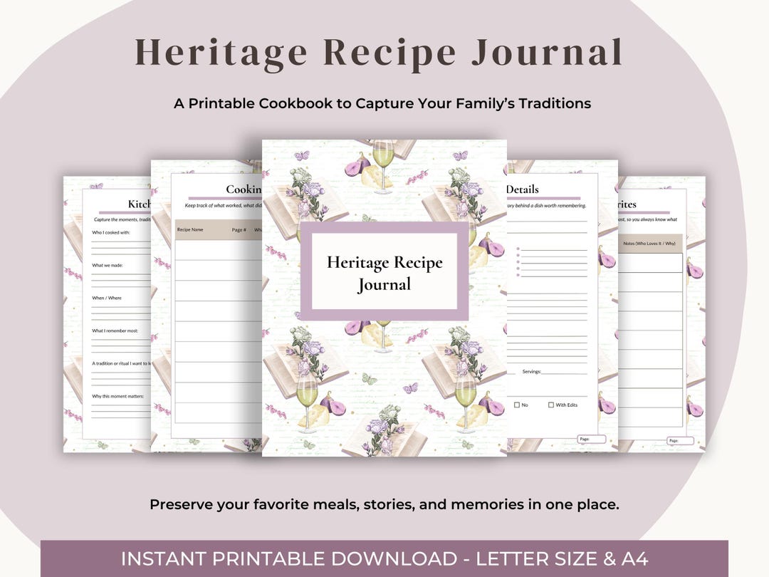 Heritage Recipe Journal Printable, Family Cookbook Template PDF ...