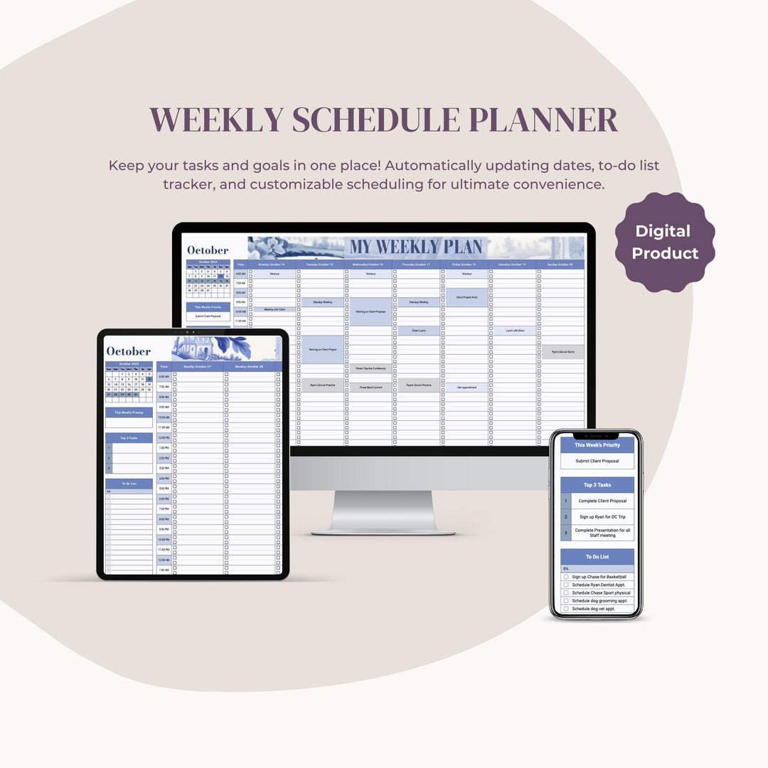 Google Sheets Weekly Planner | Blue Toile De Jouy | Digital Planner ...
