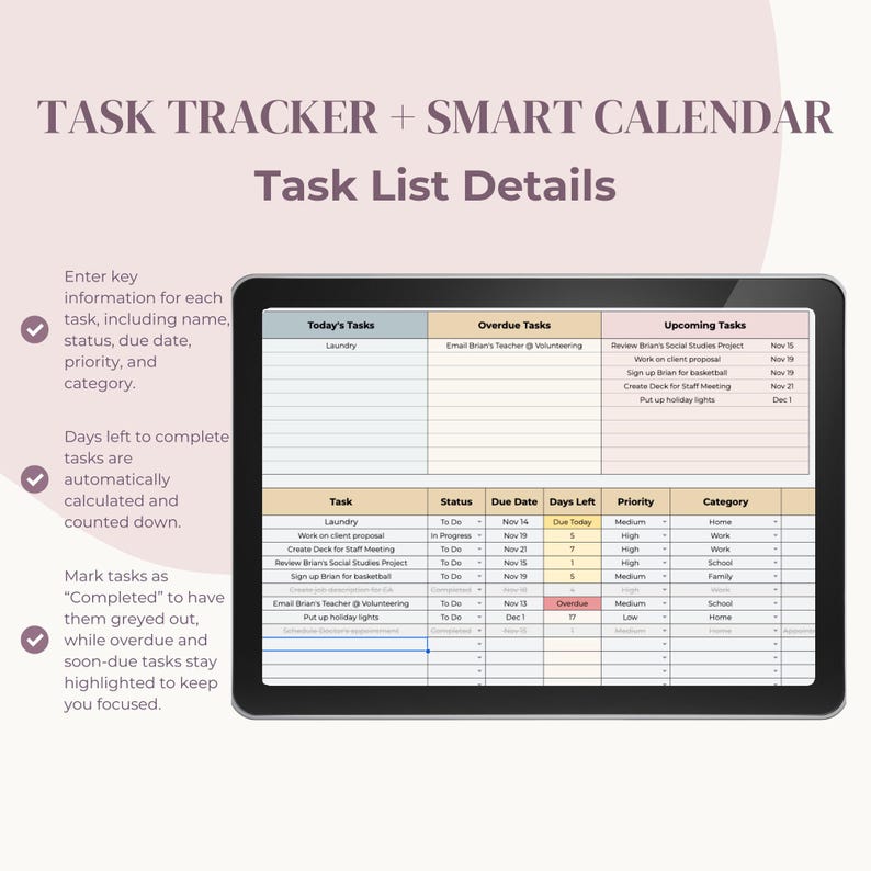 Google Sheet Task Manager | Task Tracker Spreadsheet | Smart Calendar ...
