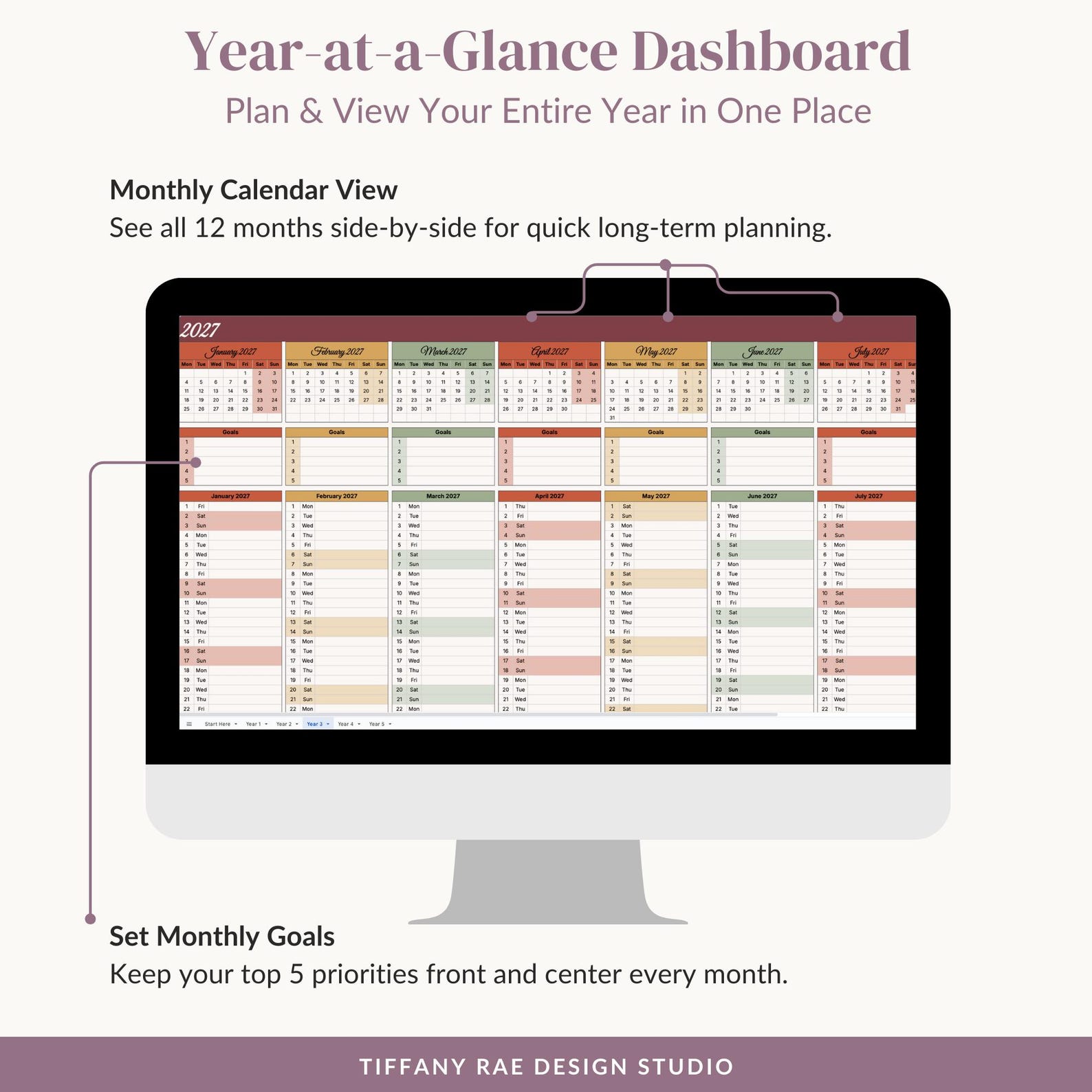 5 Year Calendar Google Sheets Template: Year at a Glance Planner ...