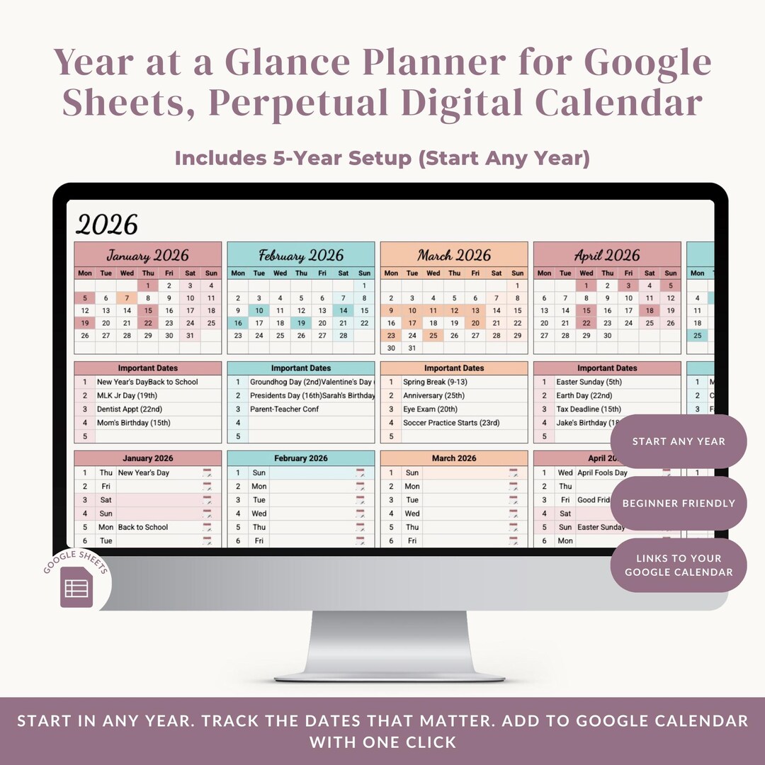 Year at a Glance Planner for Google Sheets, Perpetual Digital Calendar ...