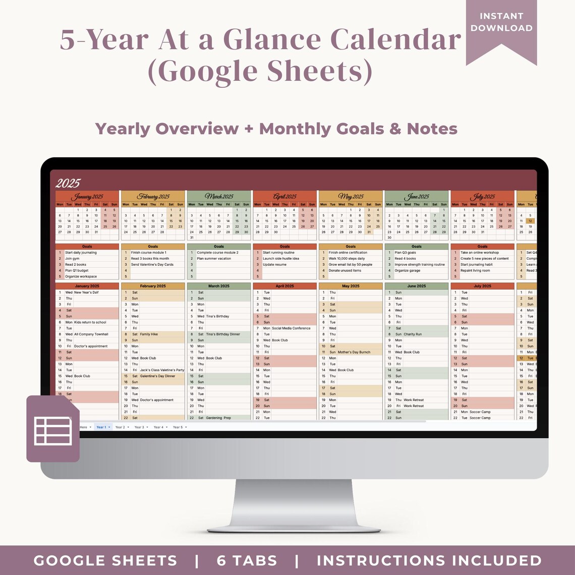 5 Year Calendar Google Sheets Template: Year at a Glance Planner ...