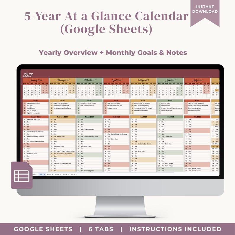 5 Year Calendar Google Sheets Template: Year at a Glance Planner ...