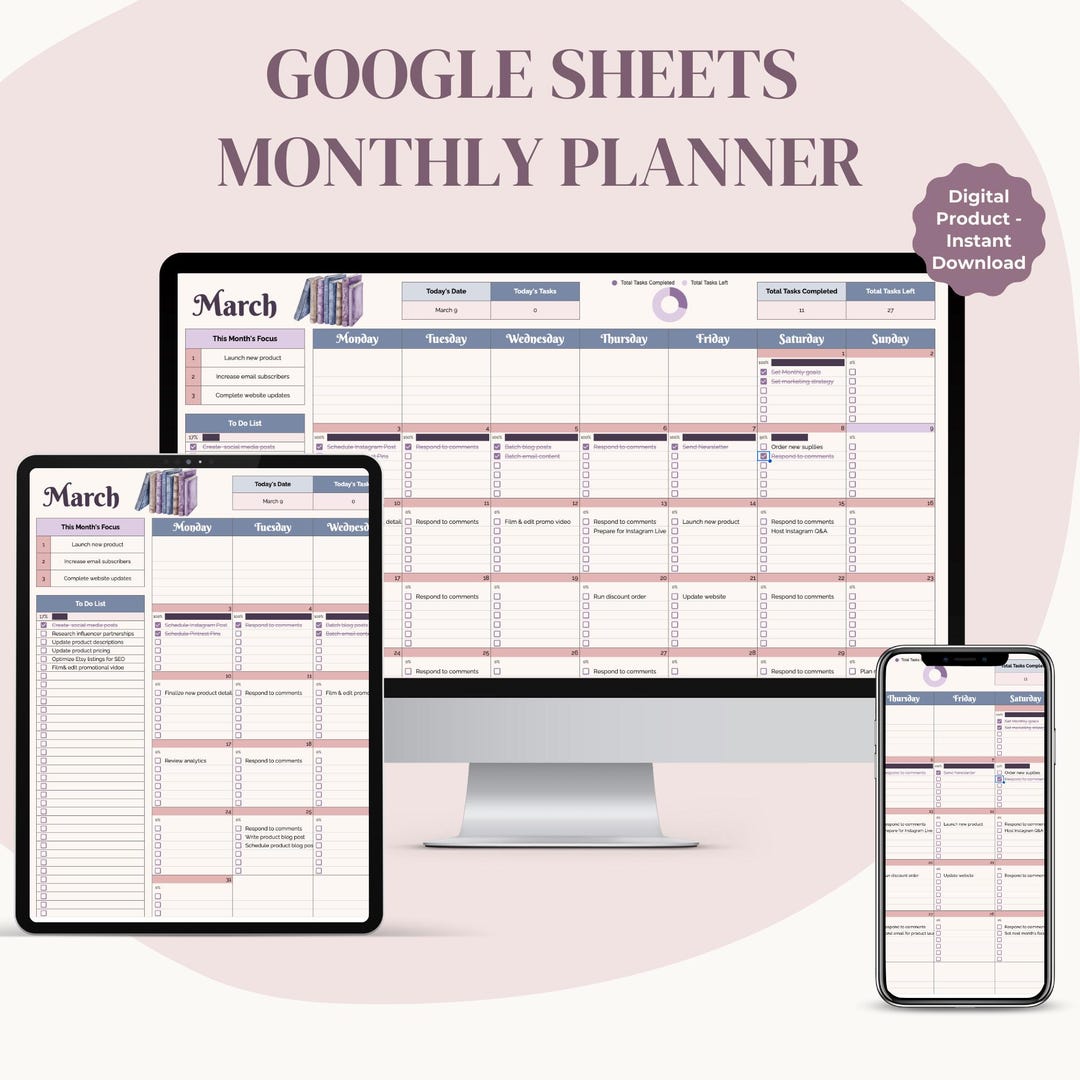 Simple Monthly Calendar Google Sheets, 2025 Monthly Planner, to Do List ...