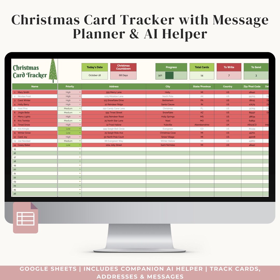 Christmas Card Tracker | AI Message Planner, Google Sheets (digital ...