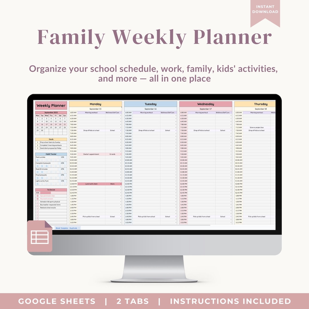 Family Weekly Planner Google Sheets, Editable Weekly Schedule Template ...
