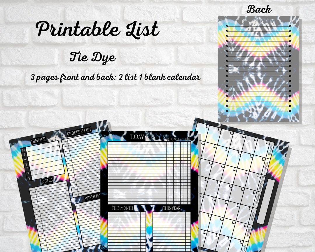 Tie Dye Printable List / Planner, Blank Calendar, Today, This Month ...