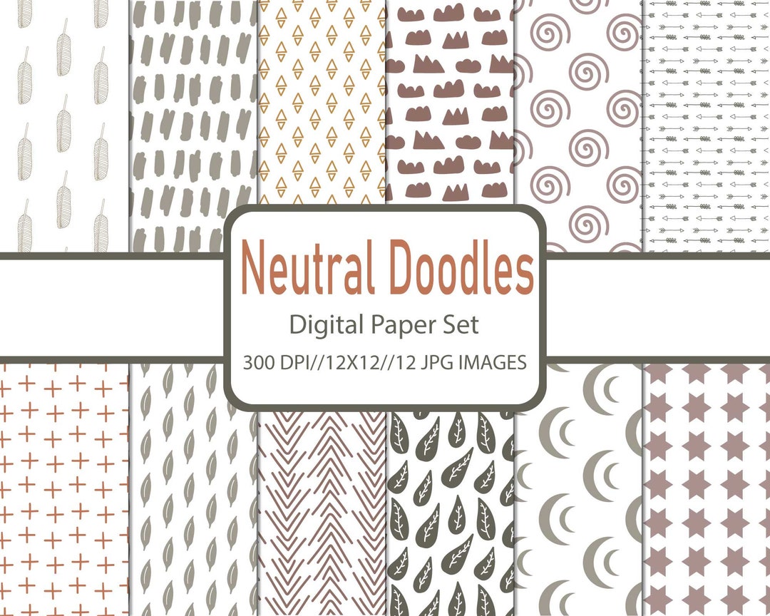 Boho Neutral Doodles Digital Paper, Playful Seamless Patterns ...