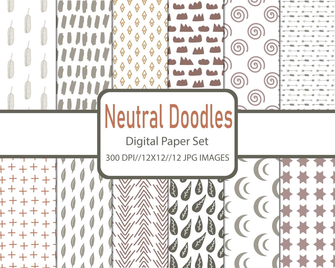 Boho Neutral Doodles Digital Paper, Playful Seamless Patterns ...