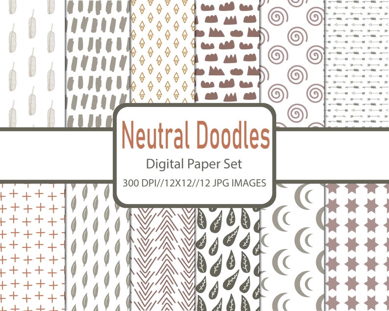 Boho Neutral Doodles Digital Paper, Playful Seamless Patterns ...
