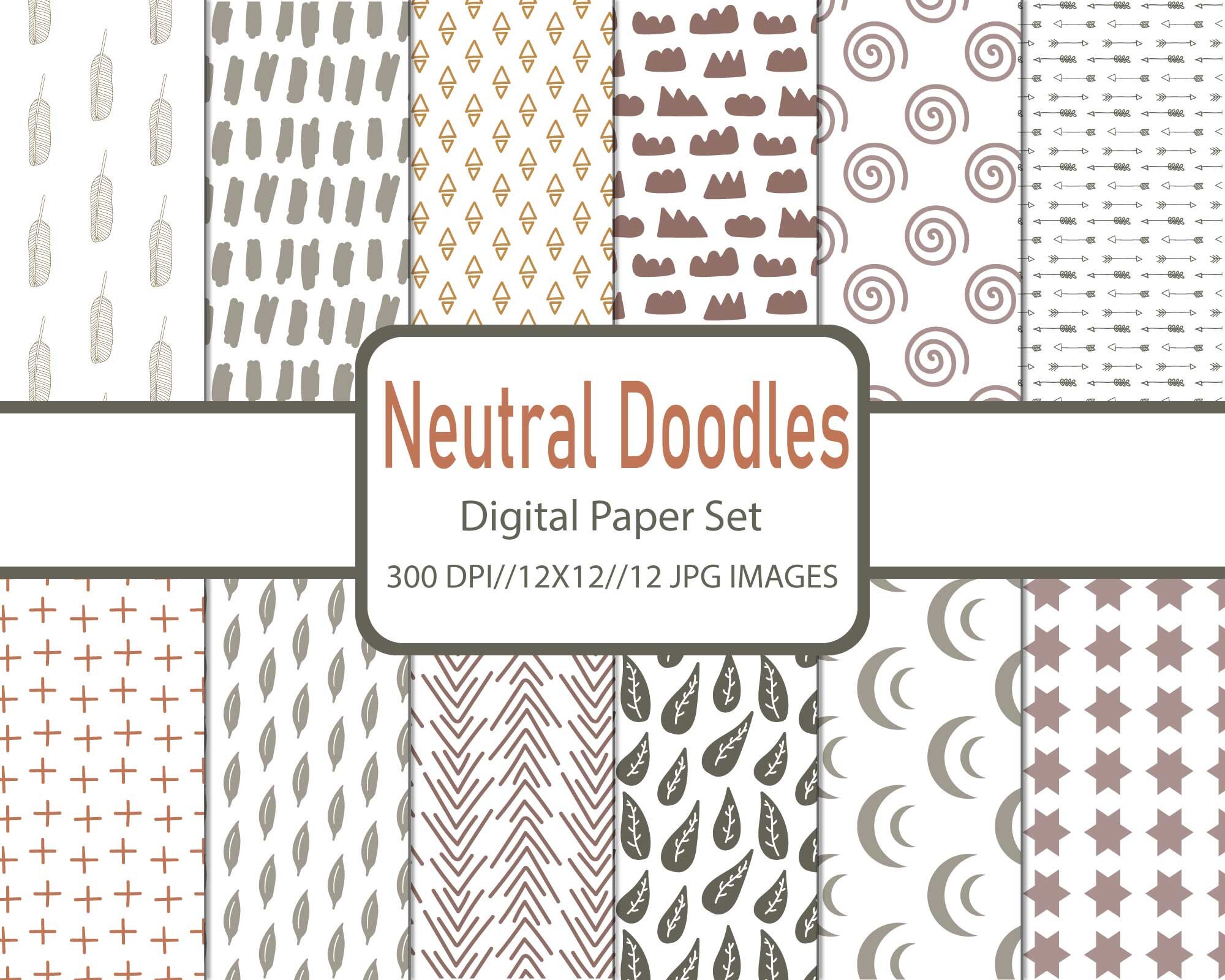 Boho Neutral Doodles Digital Paper, Playful Seamless Patterns ...
