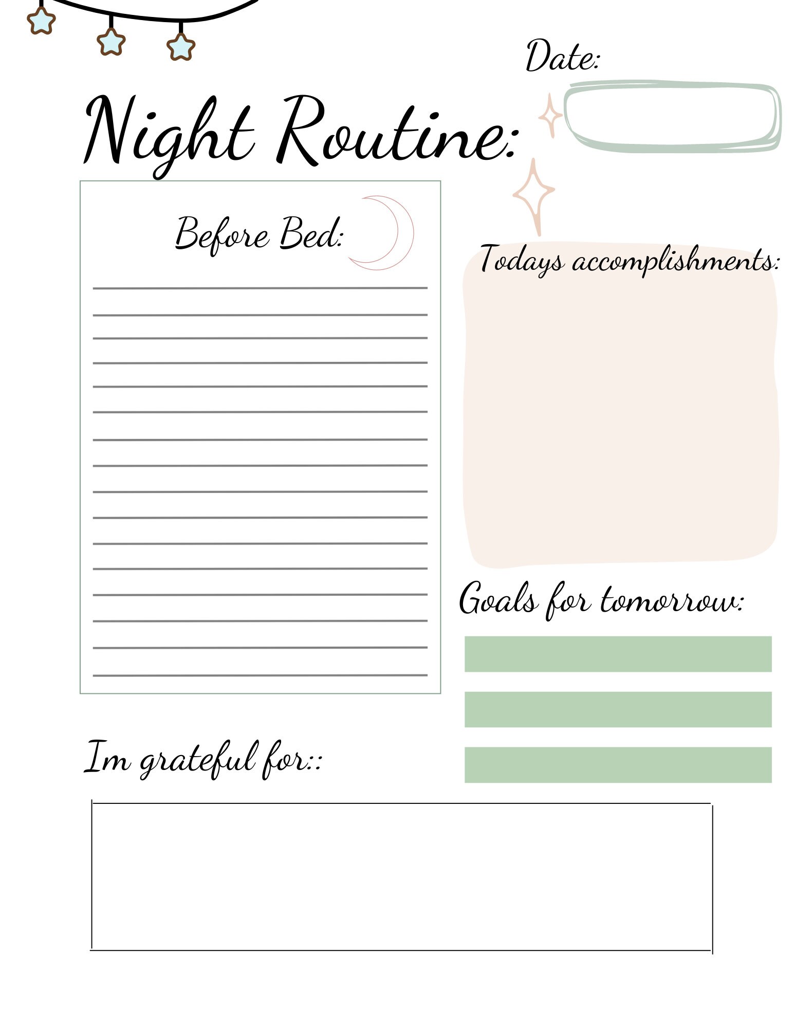 Night Routine, Daily, Undated, Simple, Before Bed Checklist, Printable ...