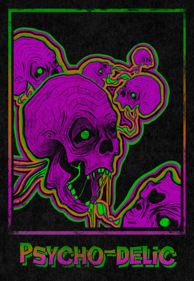 PRINT- Psycho-delic, Black Light, 80s, 90s, Skulls - Etsy