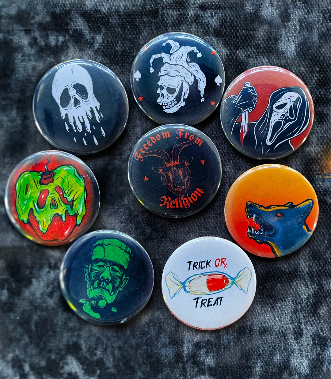 HORROR BUTTONS- 1 Piece or 8 Pack: Frankenstein, Werewolf, Trick or ...
