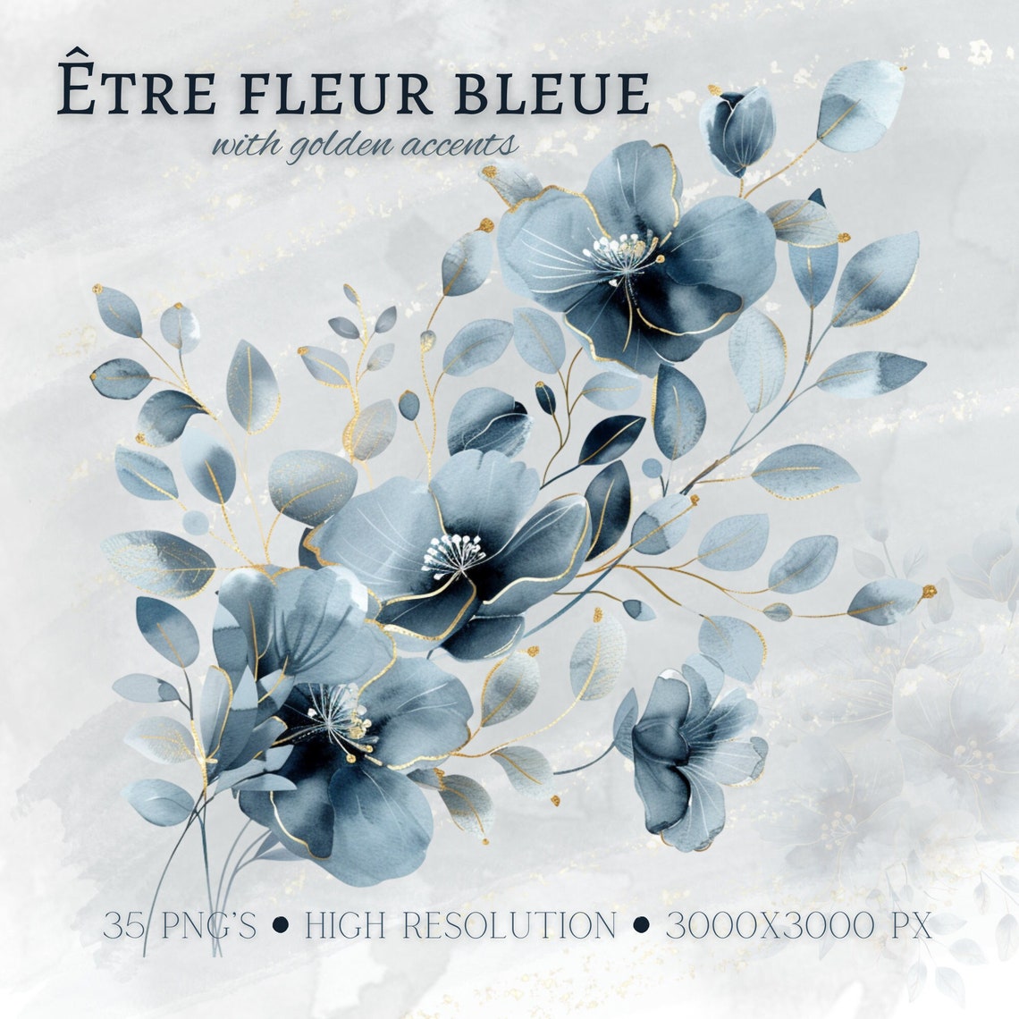 Navy & Gold Floral Clipart Blue Flower Clipart With Gold Outline Navy ...