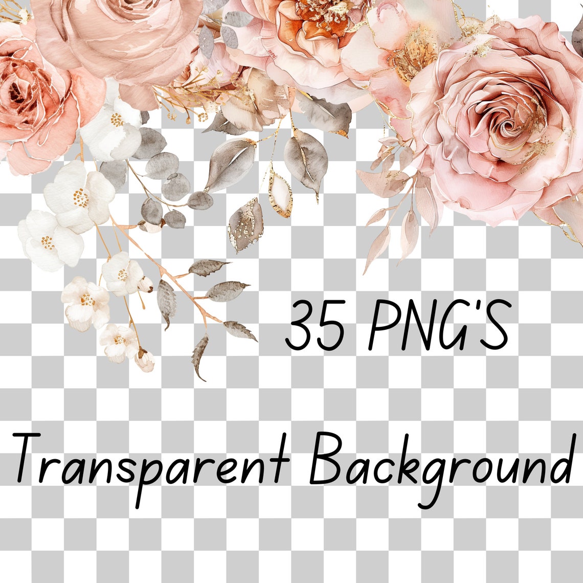 Rose Gold Floral Clipart: Pink Watercolor Flowers (digital Download ...