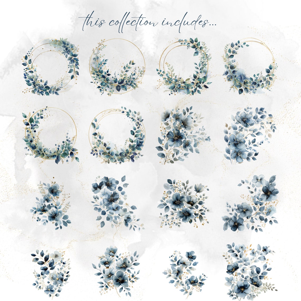 Navy & Gold Floral Clipart: Watercolor Flower PNG (digital Download) - Etsy