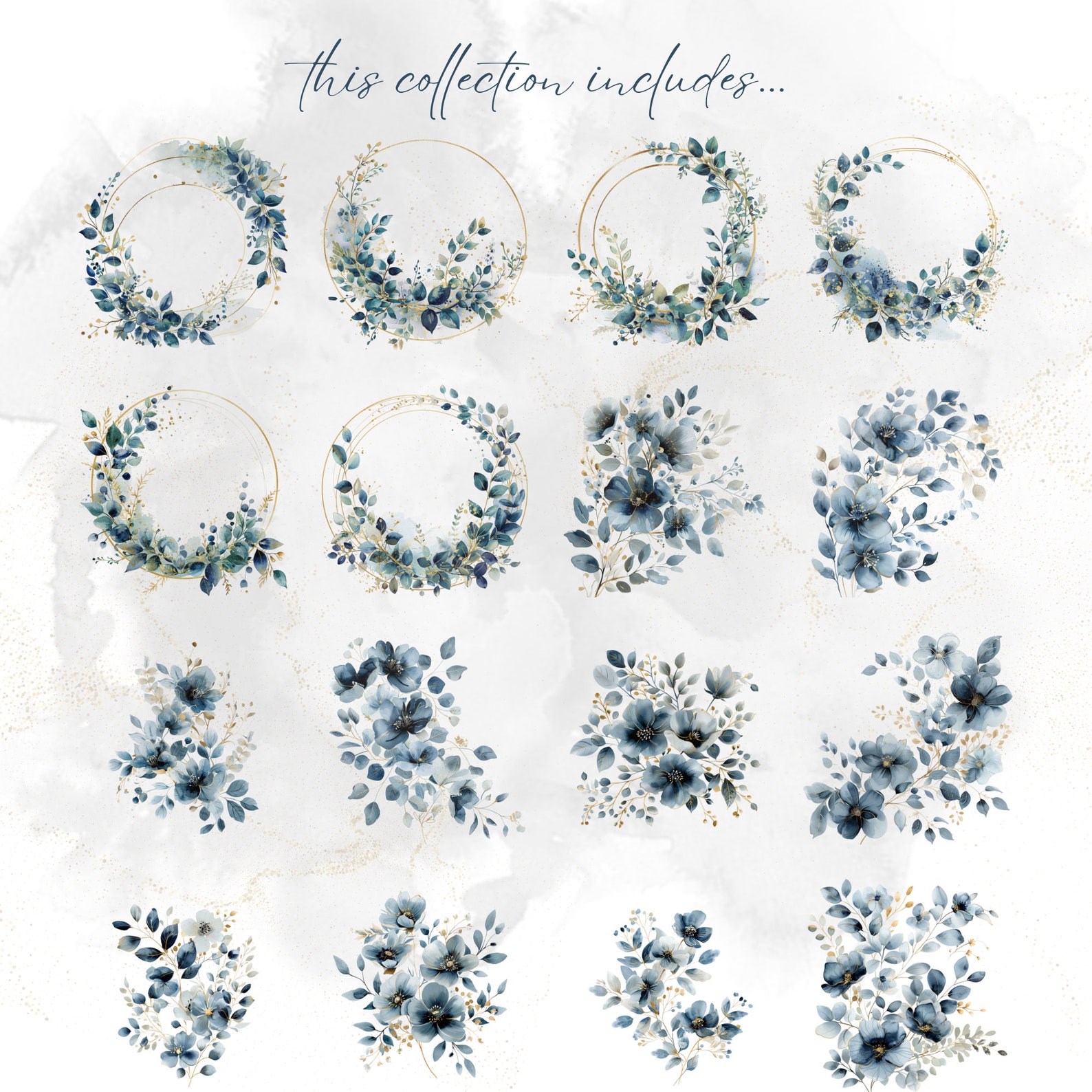 Navy & Gold Floral Clipart Blue Flower Clipart With Gold Outline Navy ...