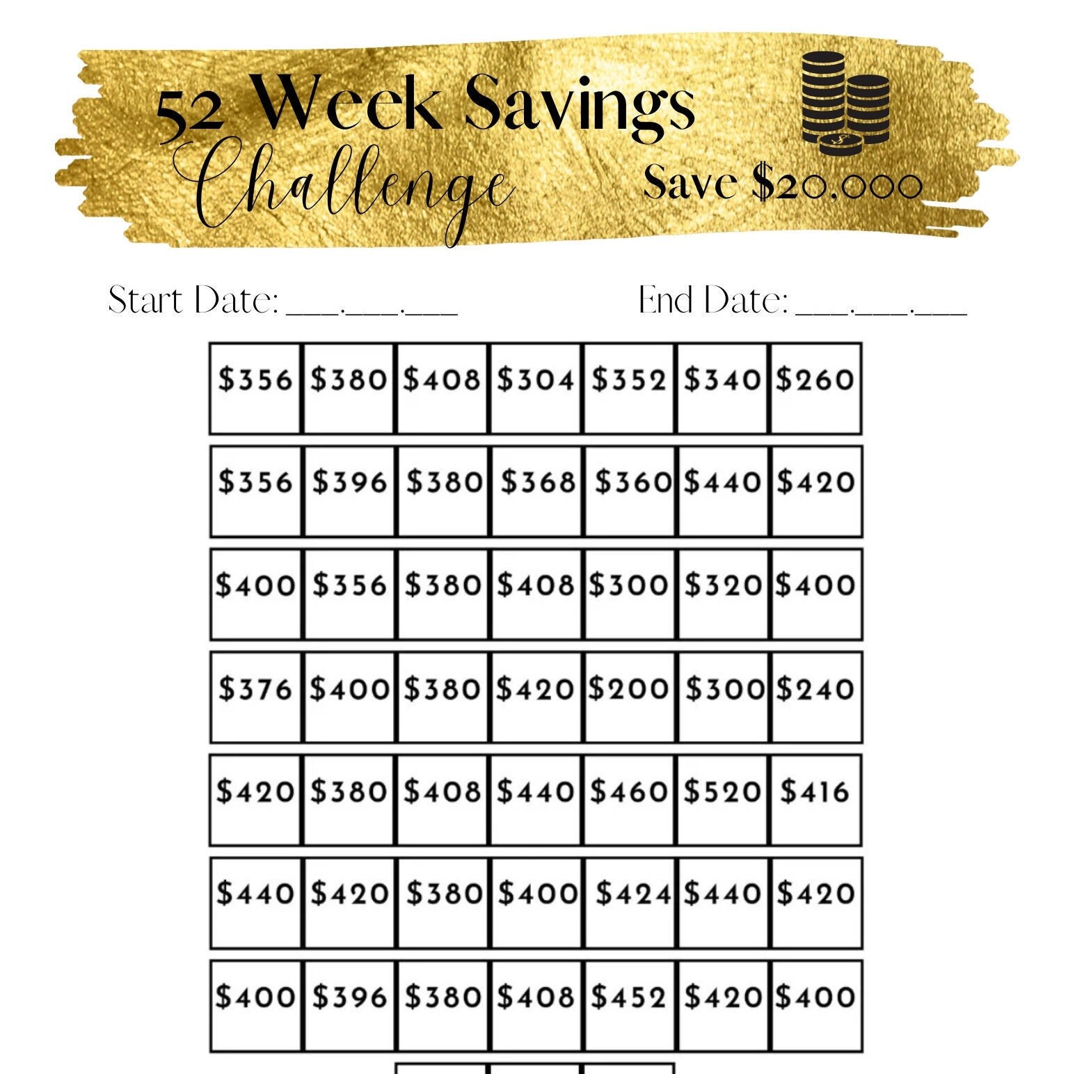 52 Week Savings Challenge - Save 20,000 in 1 Year - INSTANT DIGITAL ...