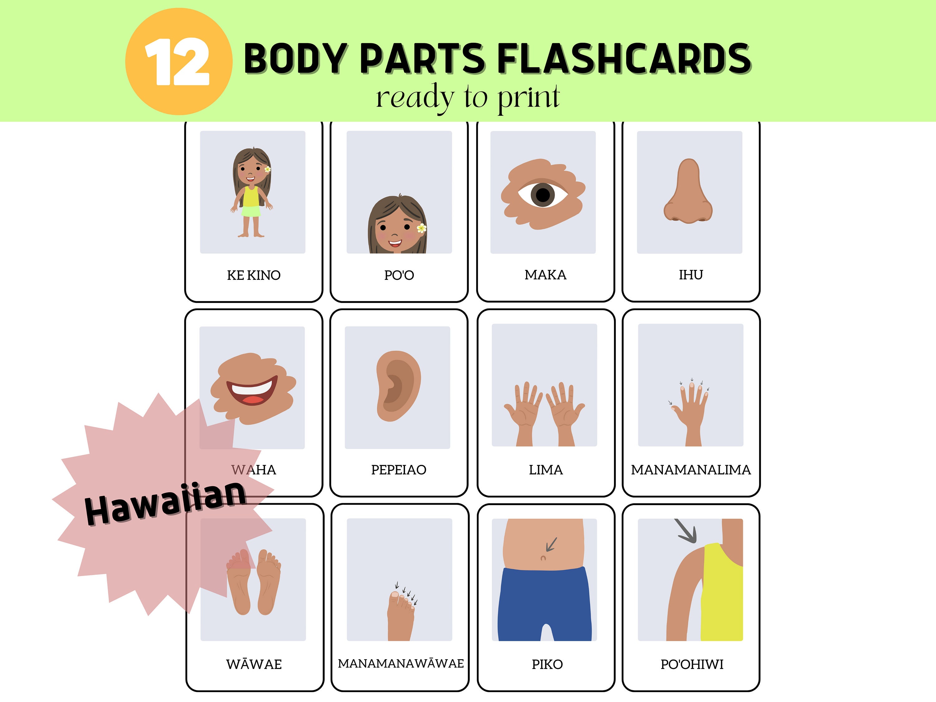 Hawaiian Educational Printable, Body Parts in Hawaiian, 'Ōlelo Hawai'i ...