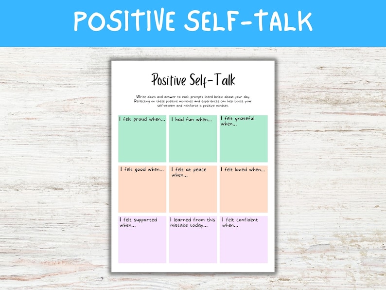 Positive Self Talk Worksheet for All Ages, Self Help Journal Page ...