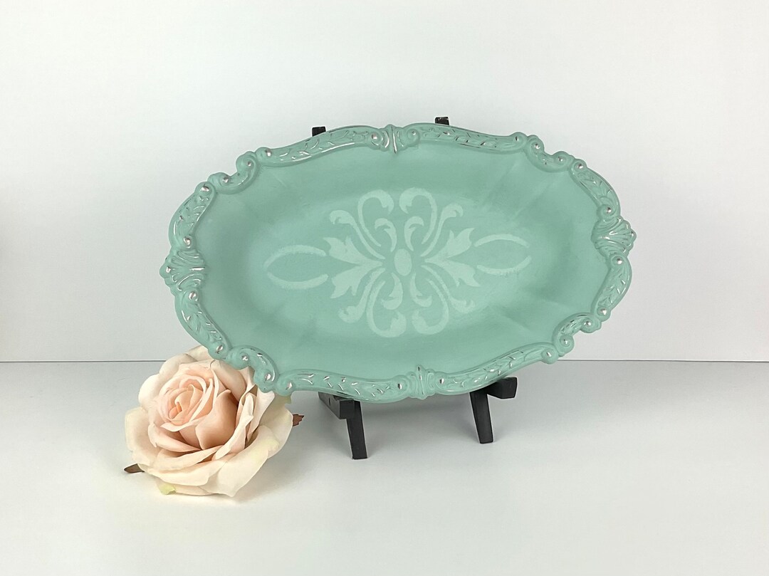 Aqua Chalk Painted Silver Plate Tray: Upcycled Vintage Trinket Dish - Etsy