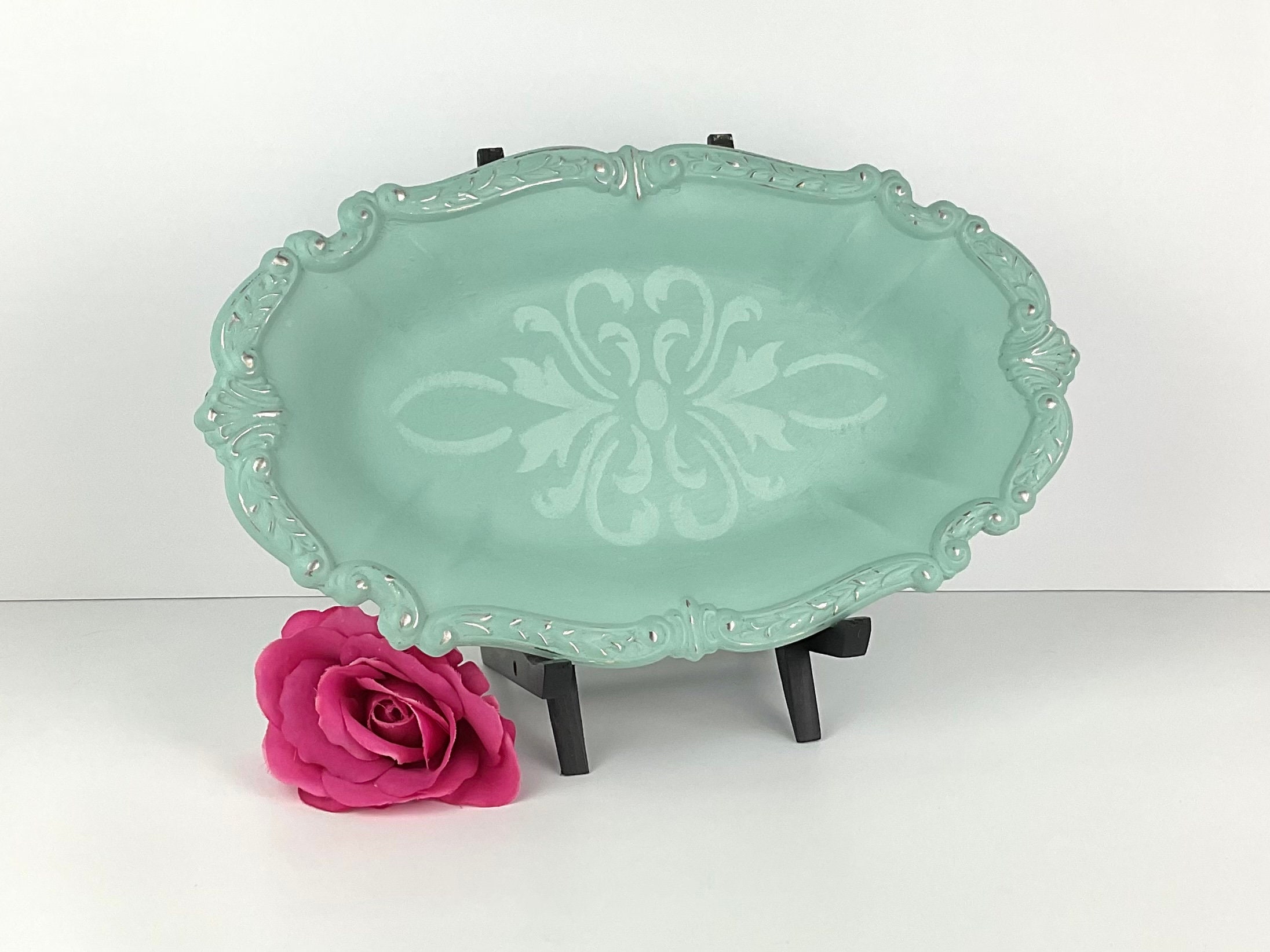 Aqua Chalk Painted Silver Plate Tray: Upcycled Vintage Trinket Dish - Etsy