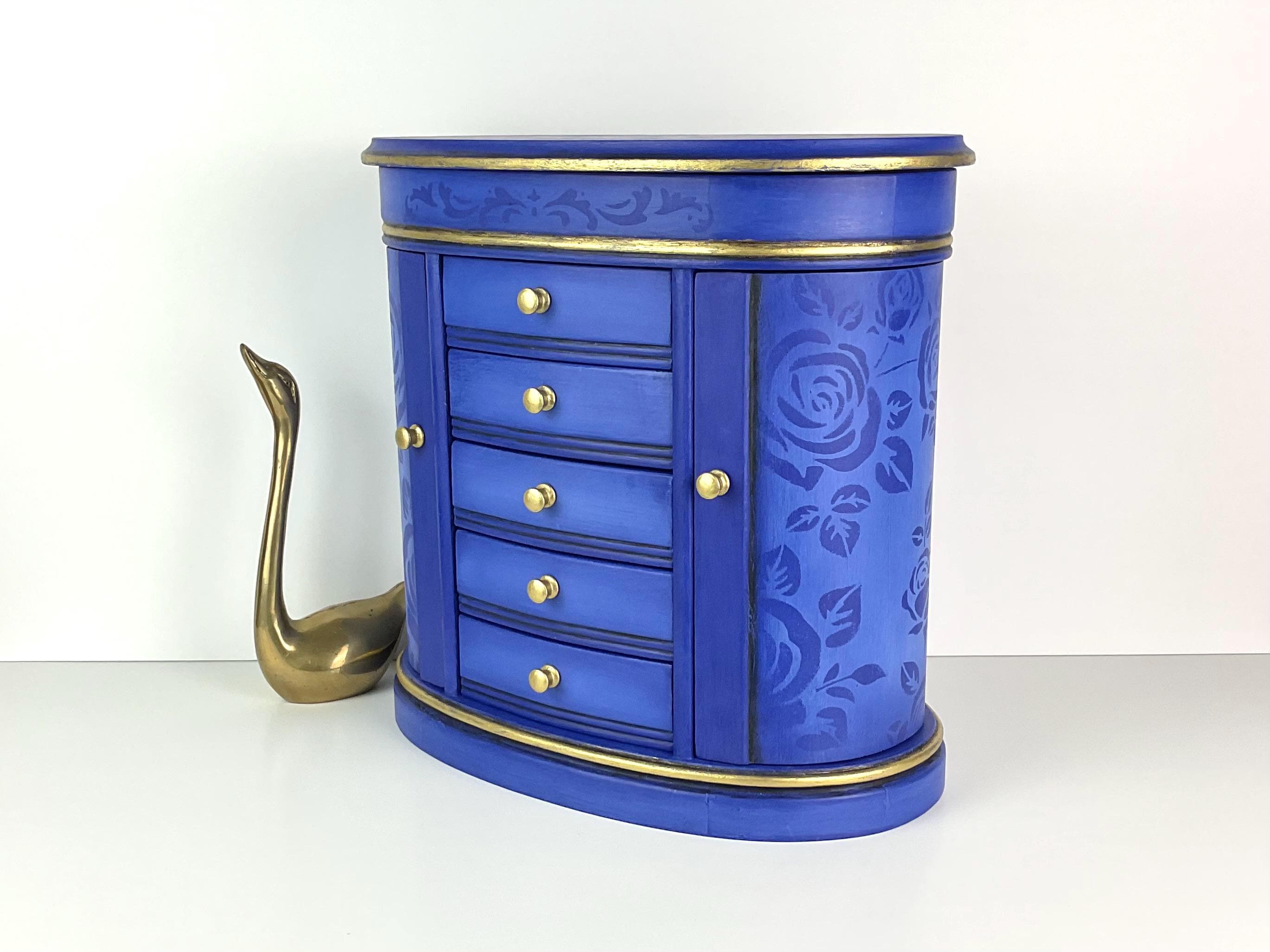 Blue Jewelry Box, Roses Jewelry Armoire, Hand Painted Jewelry Storage ...