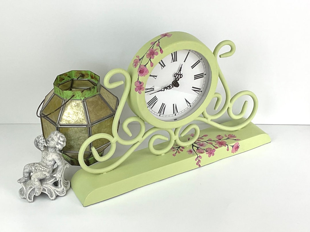 Cherry Blossoms Clock, Upcycled Mantle Clock, Hand Painted Table Clock ...