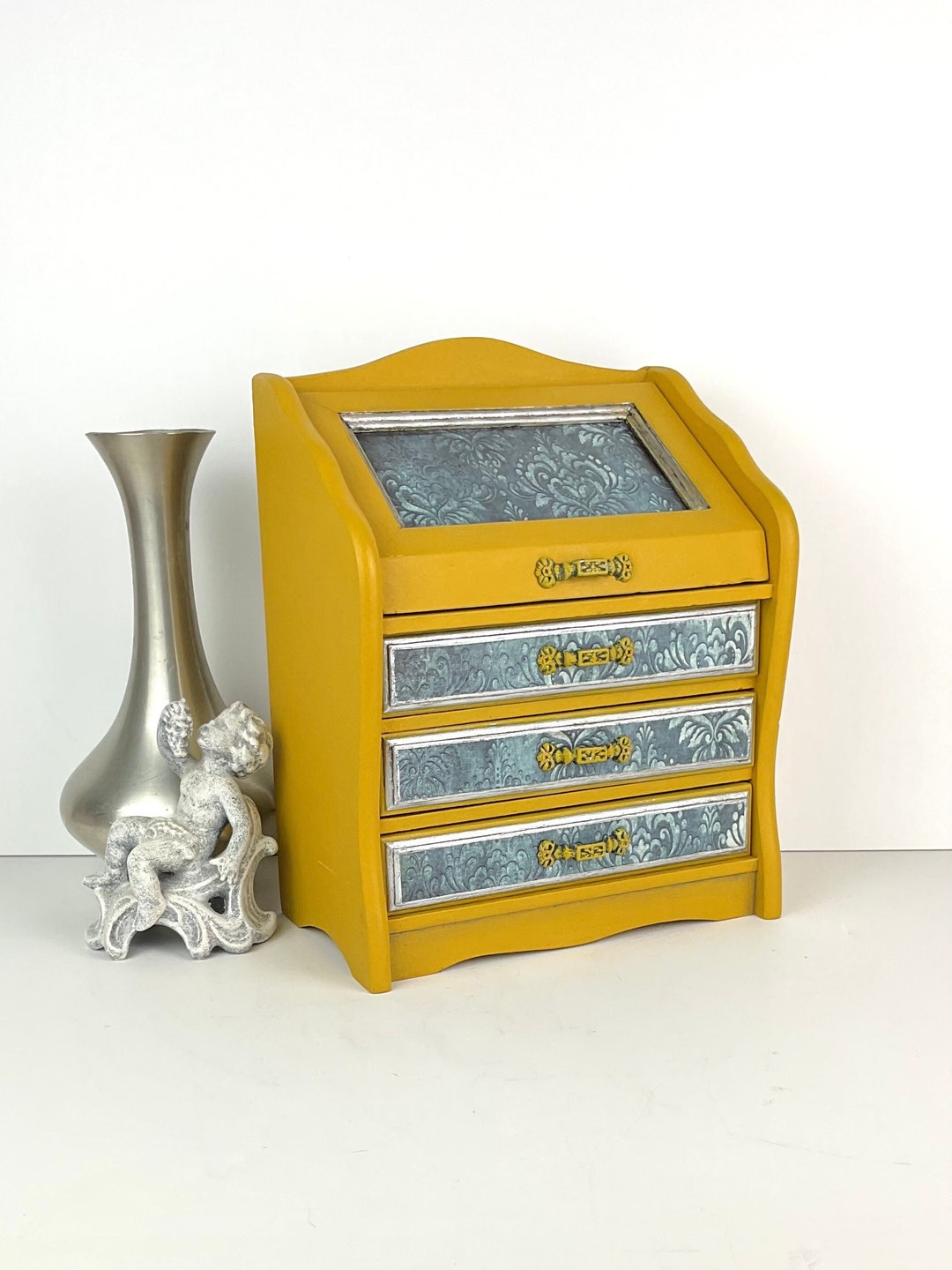 Yellow Jewelry Box, Upcycled Vintage Jewelry Box, Hand Painted Jewelry Storage Organizer Chest ...