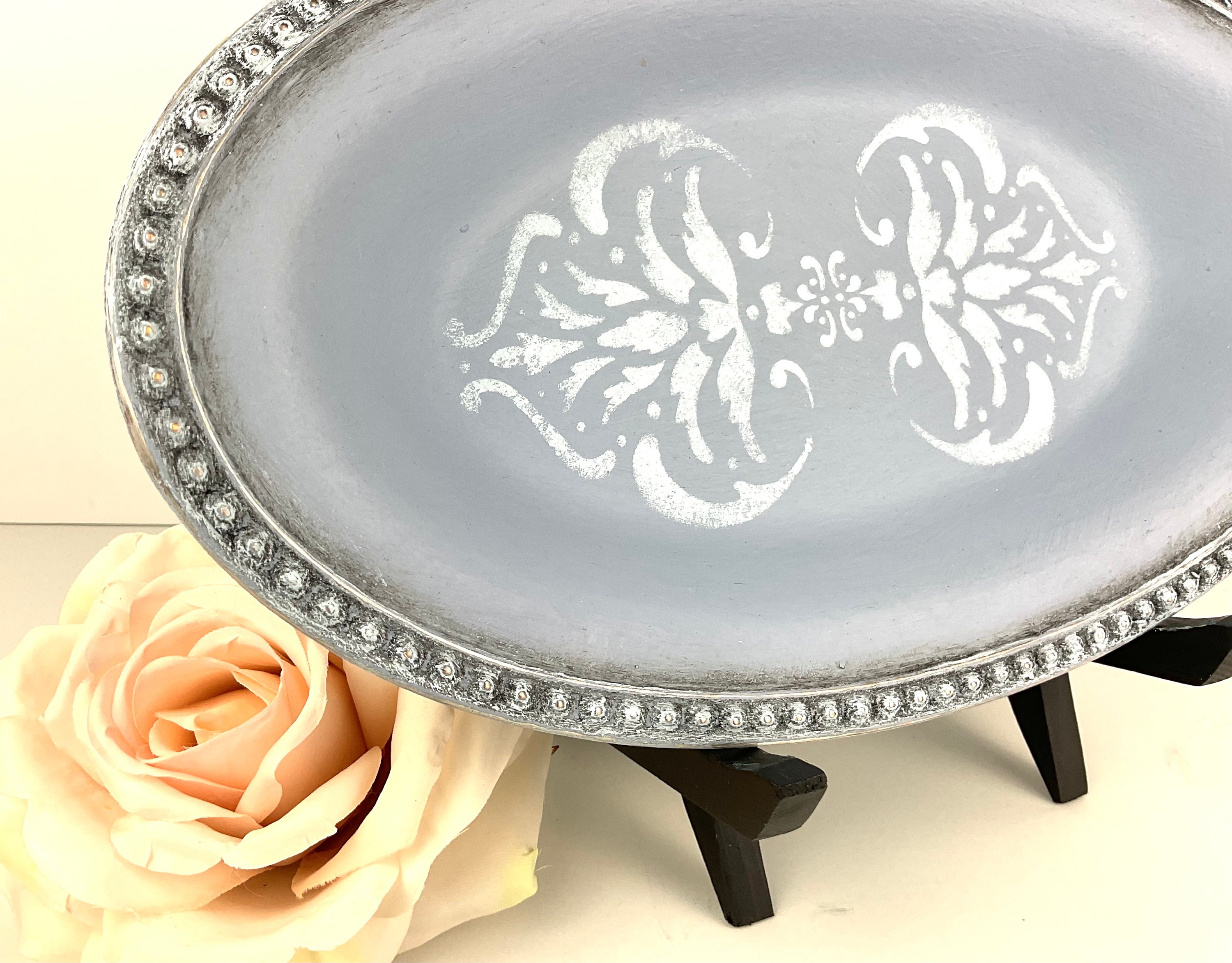 Upcycled Silver Plate Tray: Light Blue Chalk Paint, Vintage Oval Dish ...