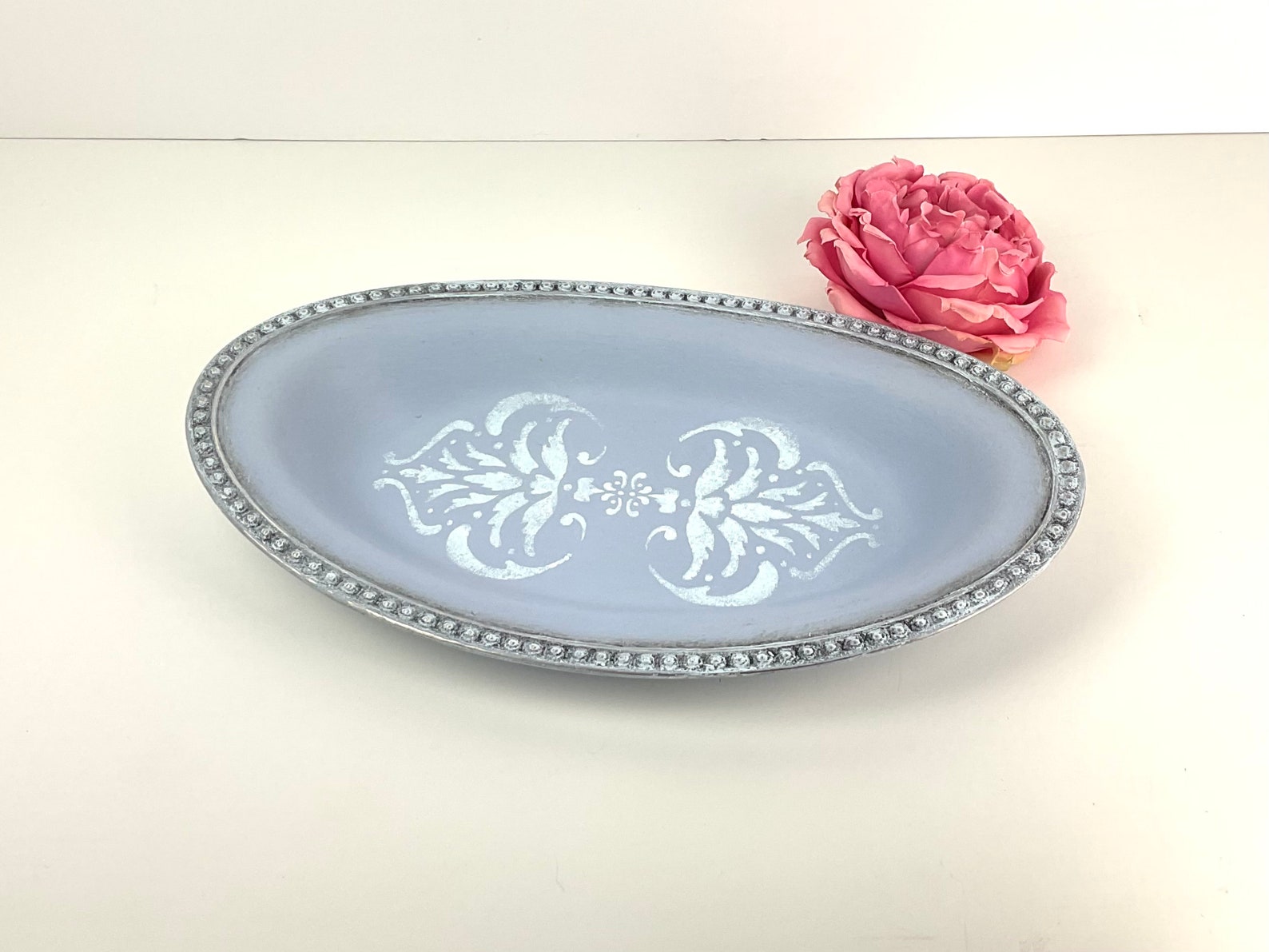Upcycled Silver Plate Tray: Light Blue Chalk Paint, Vintage Oval Dish ...