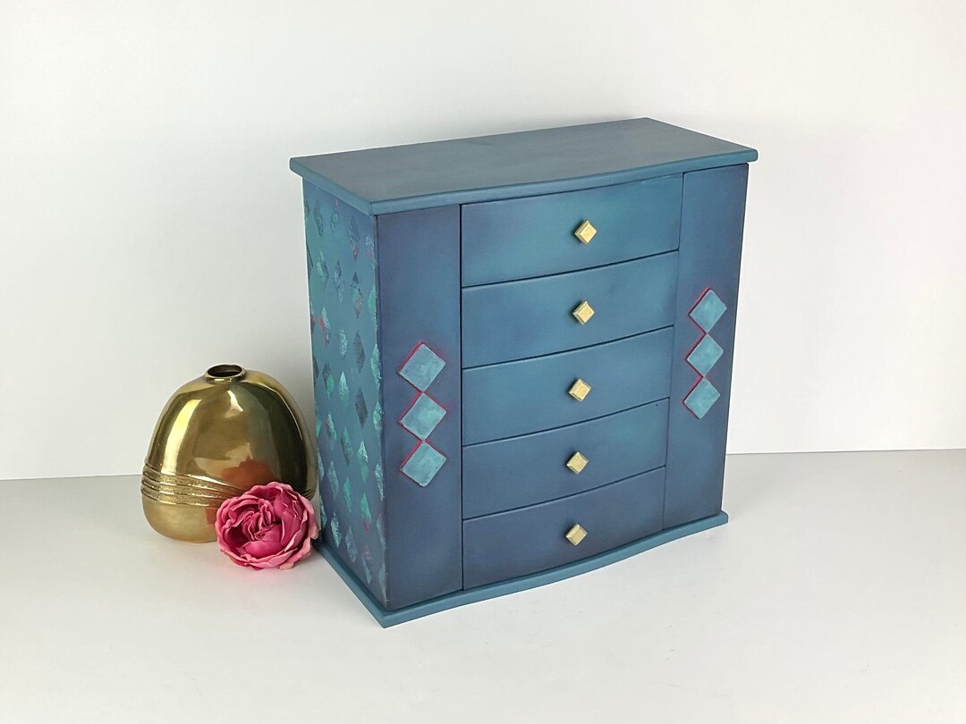 Large Blue Jewelry Box, Harlequin Diamonds Jewelry Armoire, Hand ...