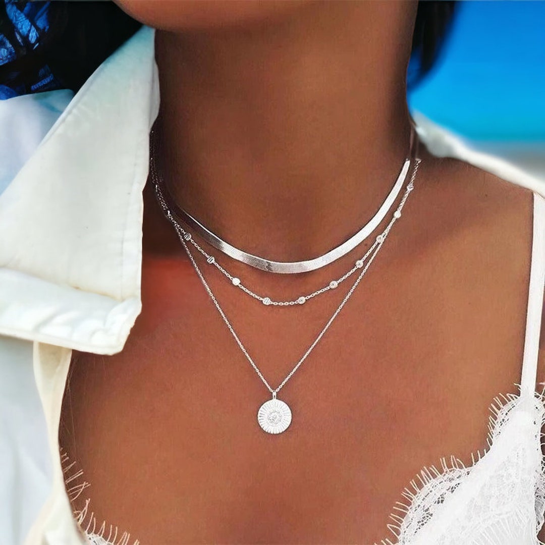 Boho Necklace, Multi Layered, Silver Coin. Boho Three Layered Dainty ...