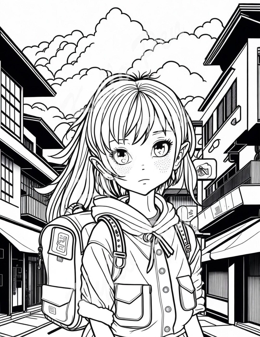 SG6 Anime Style Coloring Digital Page for Adults and Kids of a School ...