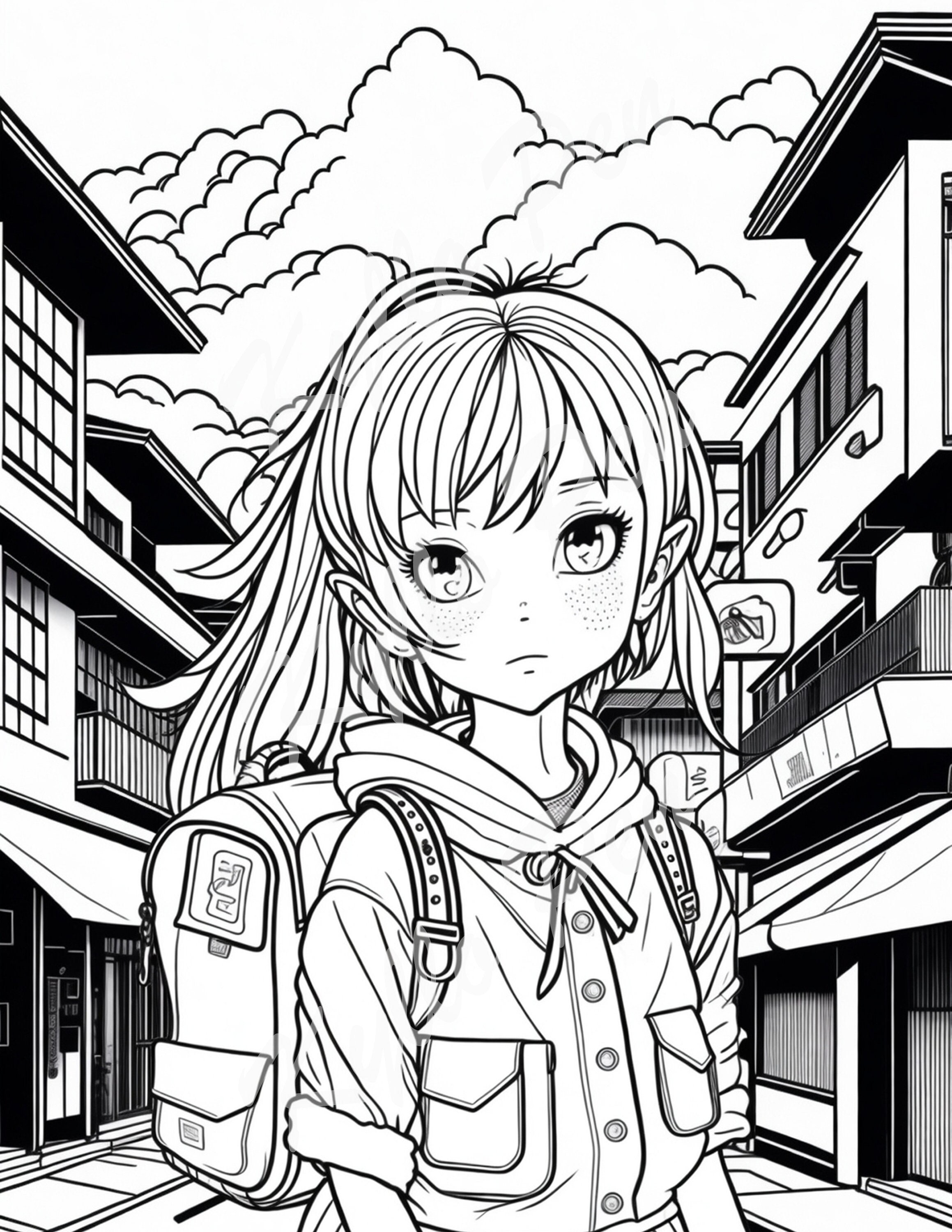 SG6 Anime Style Coloring Digital Page for Adults and Kids of a School ...