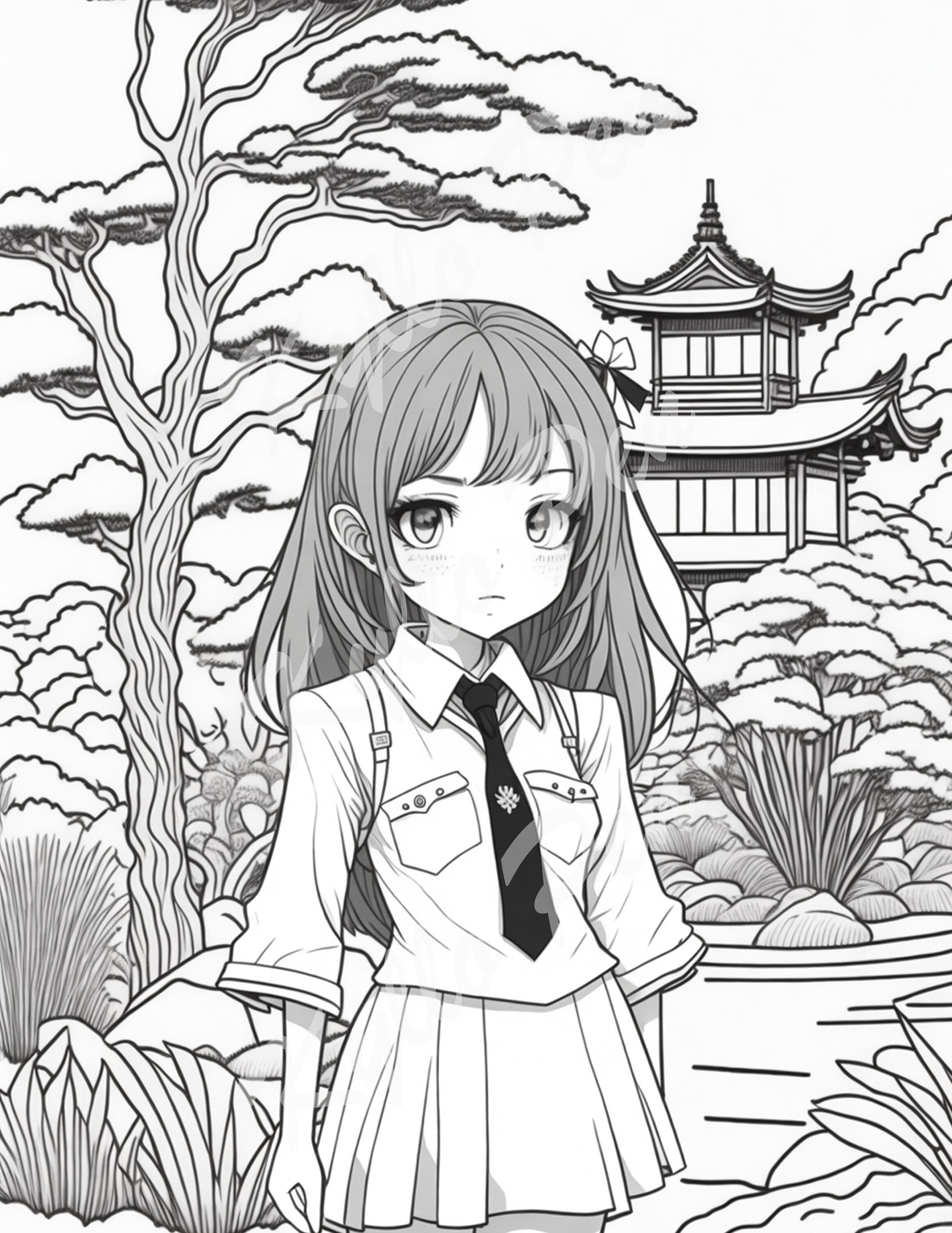 SG18 - Anime Style Coloring Digital Page for Adults and Kids of a ...