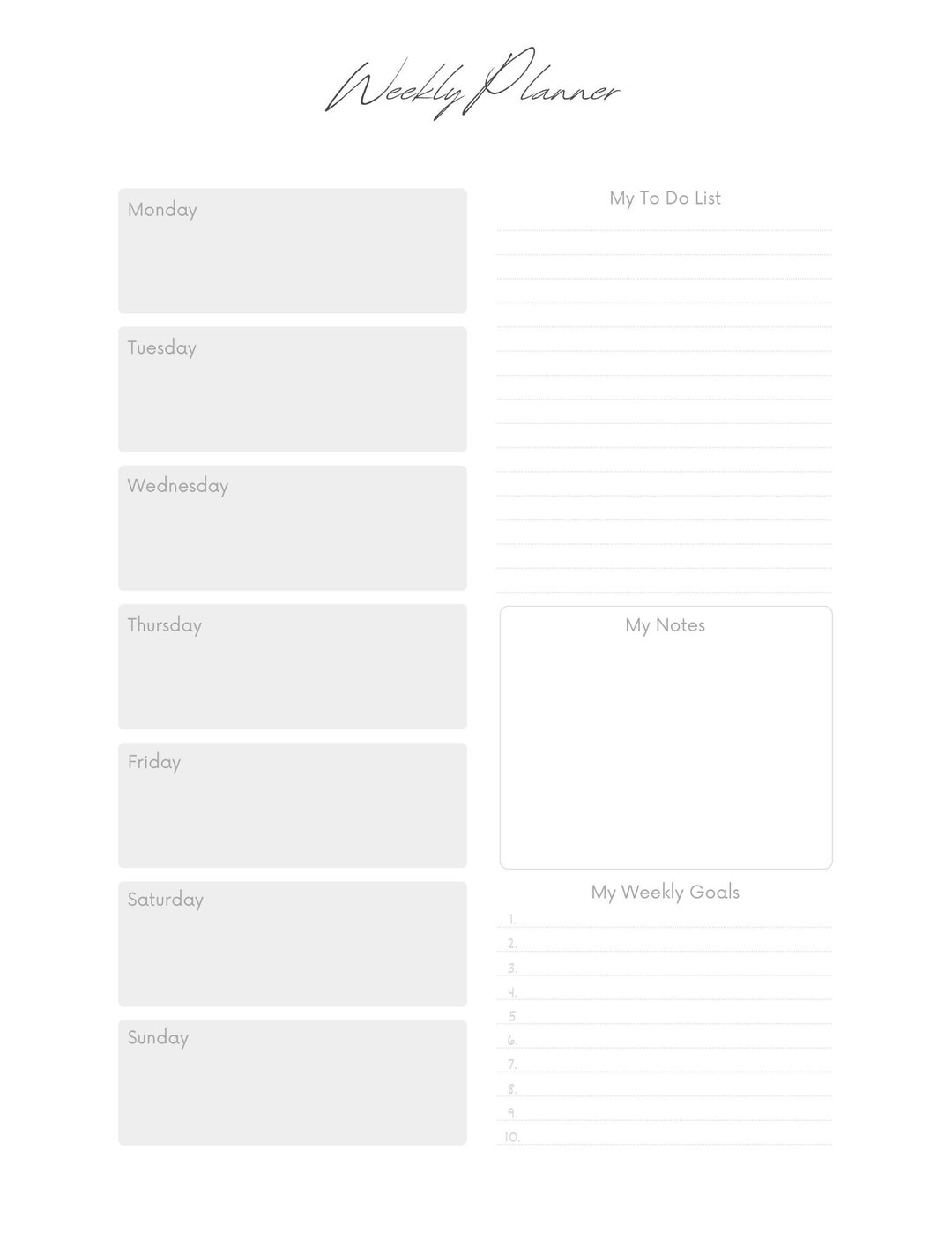 Weekly Planner, to Do List, My Notes, My Weekly Goals, Simple Layout ...