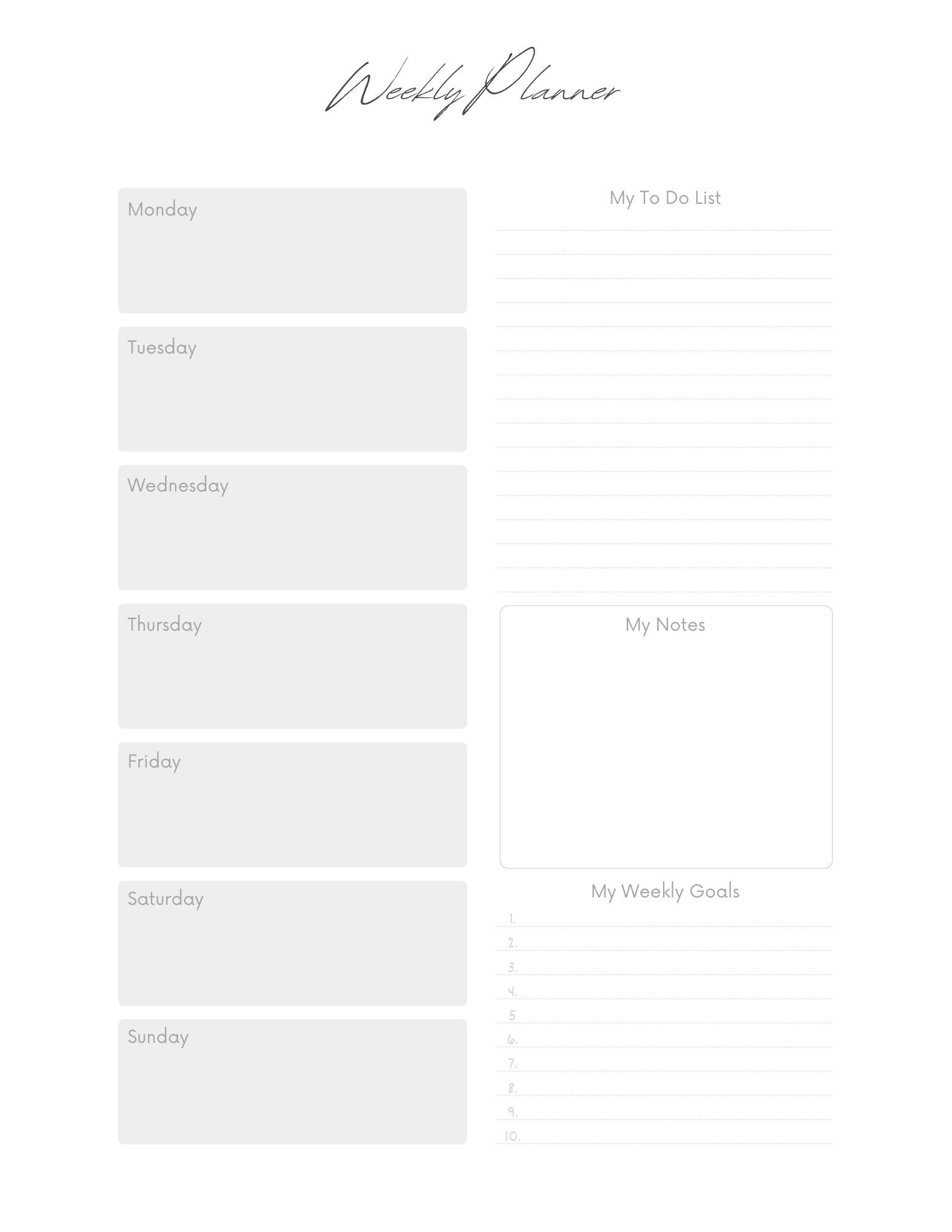 Weekly Planner, to Do List, My Notes, My Weekly Goals, Simple Layout ...