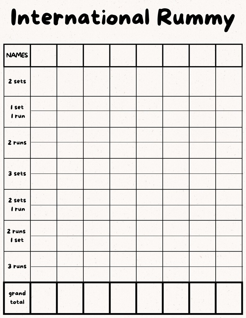 International Rummy Card Game Score Sheet 8 Players - Etsy