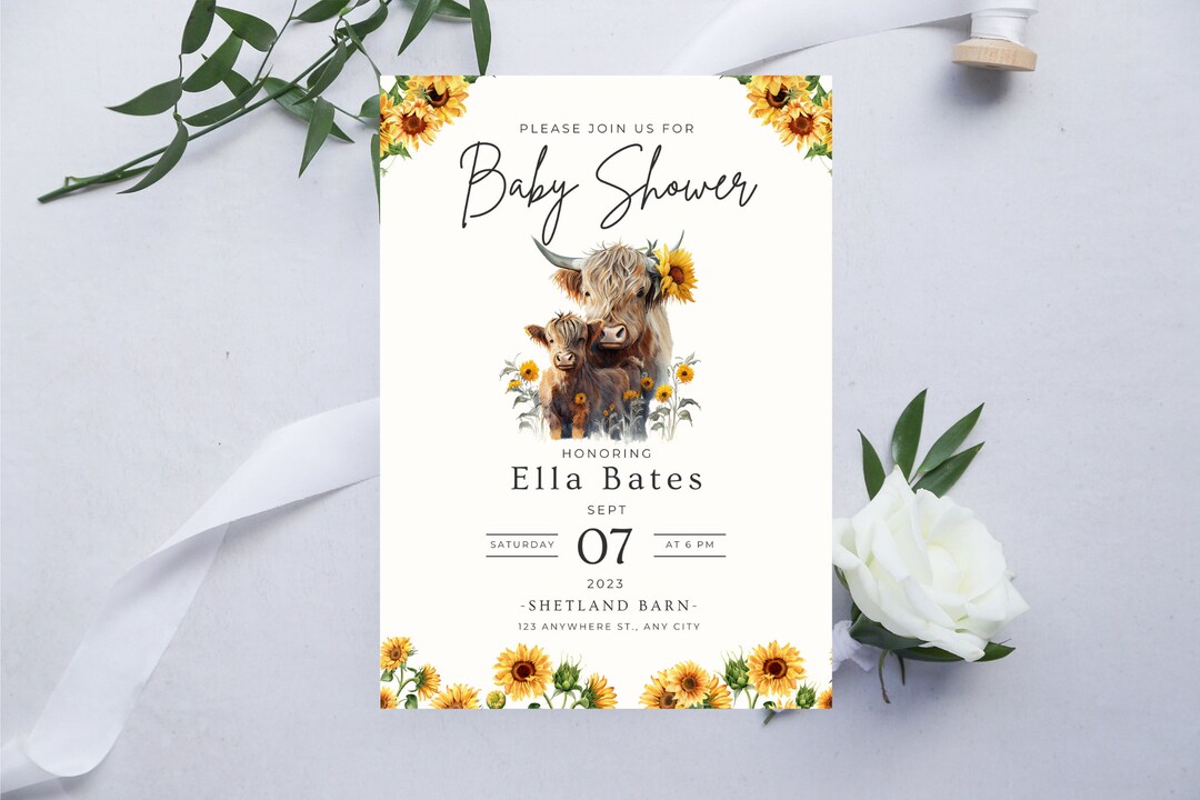 Sunflower Highlander Cow Baby Shower | 5x7 Invitation | Digital ...